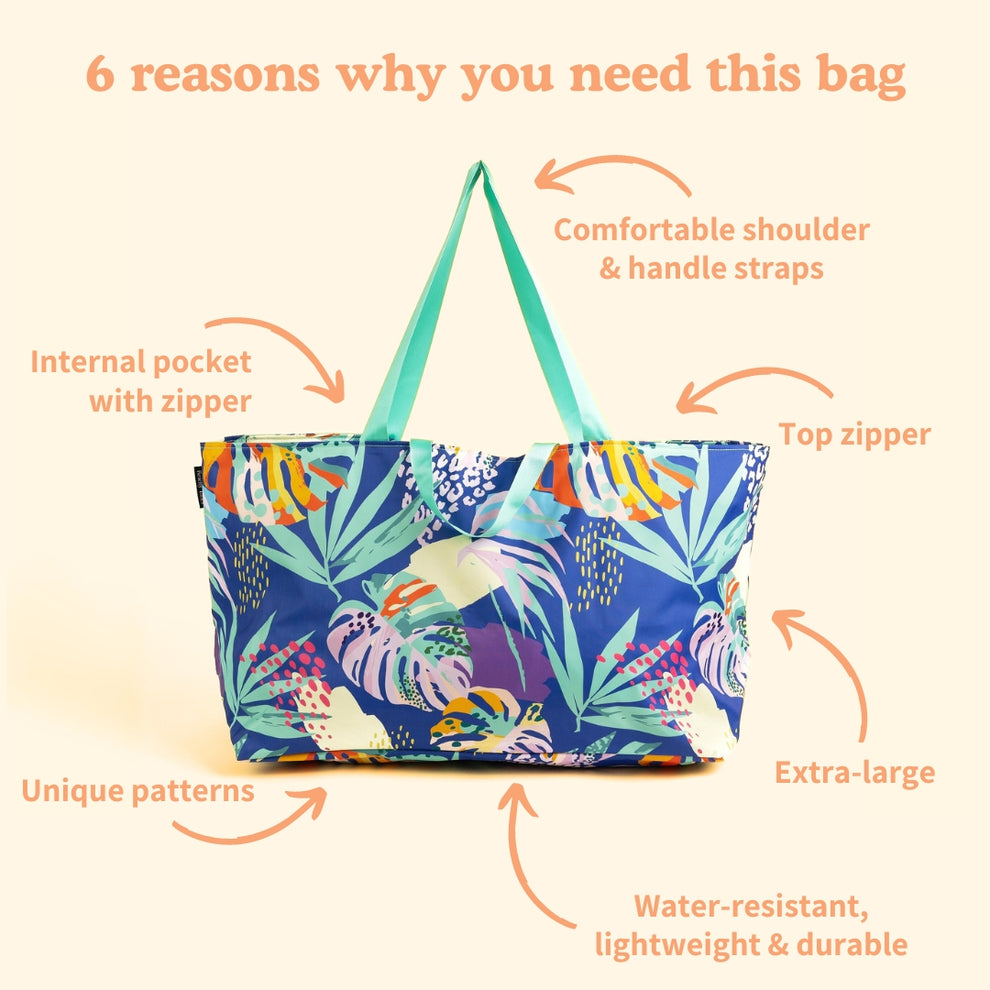 Water-Resistant Extra-Large Beach Bag with Zipper - Tropical Paradise ...